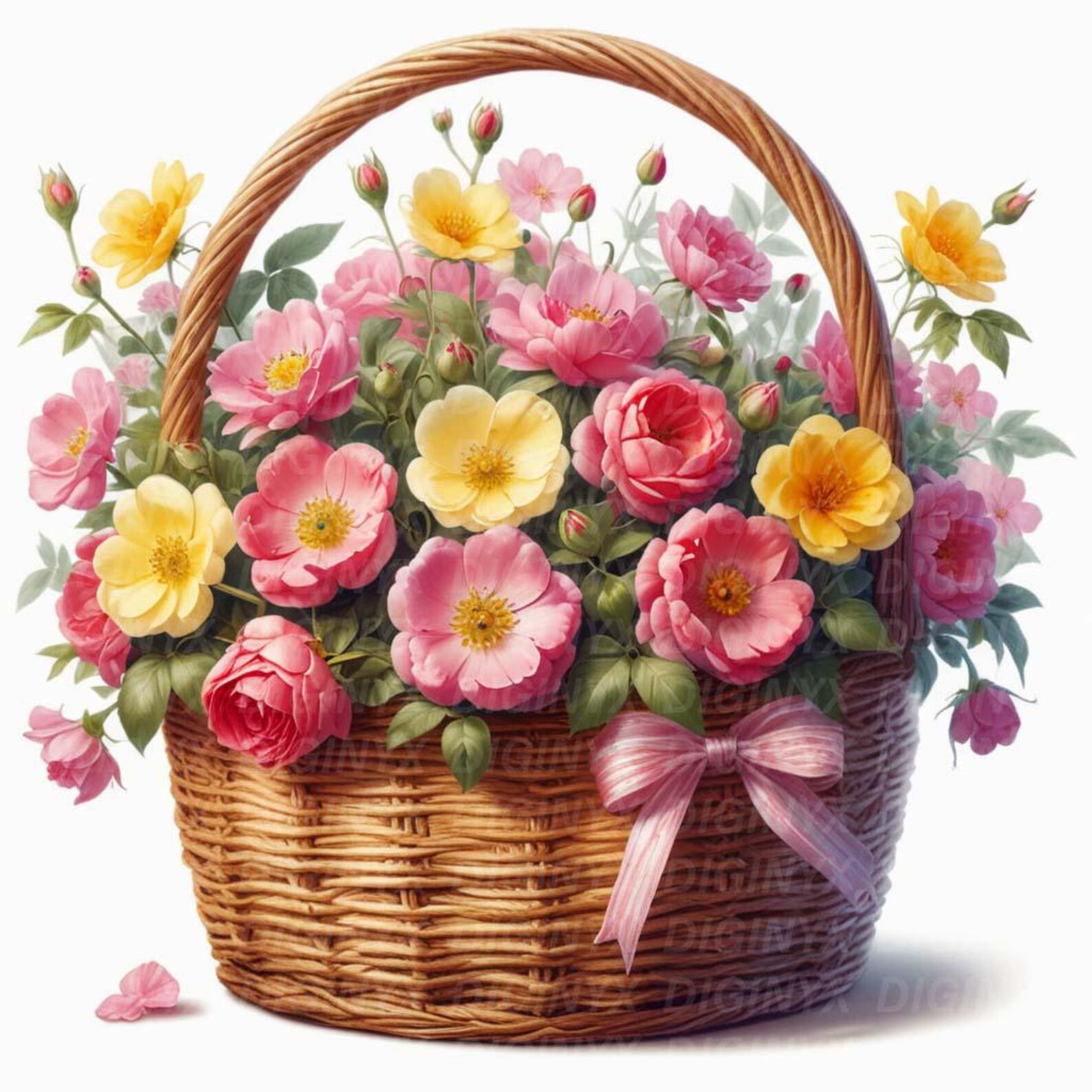 7 Roses Basket Clipart, Romantic Vintage Flower Basket, Printable ...