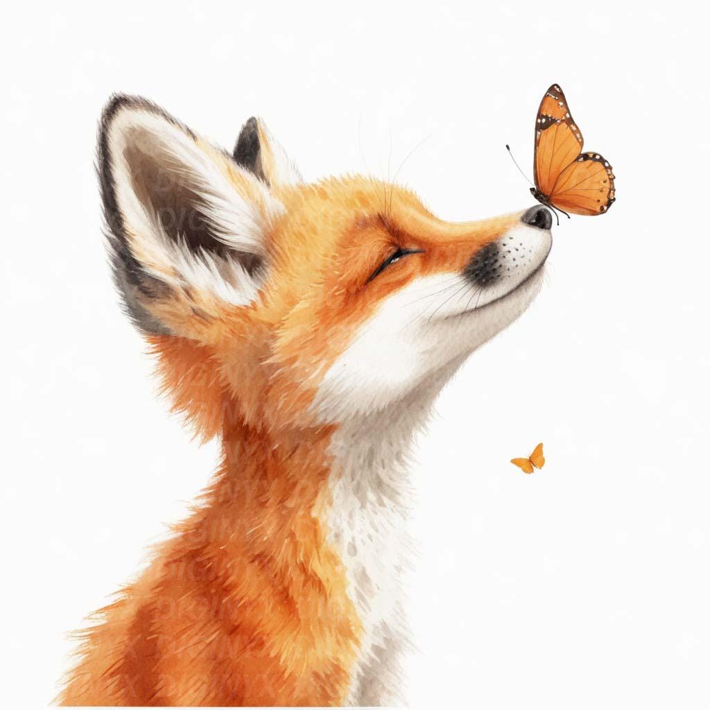 7 Fox and Butterfly Clipart, Cute Fox Baby, Printable Watercolor JPG ...