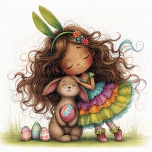 10 Easter Rabbit and Girl Clipart, Whimsical, Printable Watercolor JPG ...