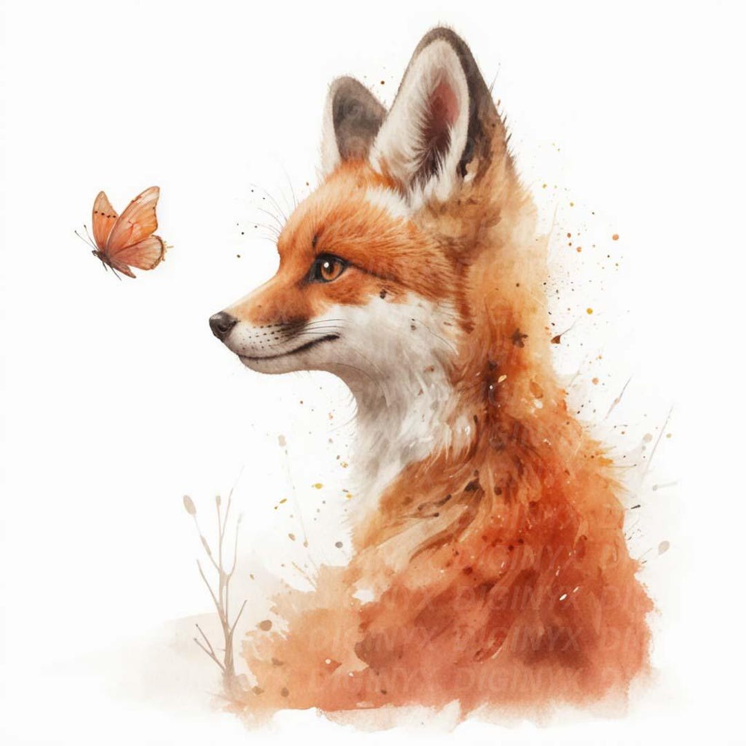 7 Fox and Butterfly Clipart, Cute Fox Baby, Printable Watercolor JPG ...