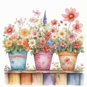 10 Cute Whimsical Flower Clipart JPEG, Row of Flower Pots Clipart, High ...