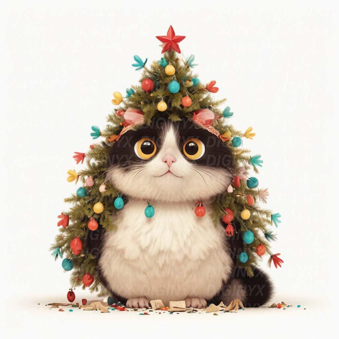 10 Quirky Cat Christmas Tree Clipart, Fantasy, Whimsical, Printable ...