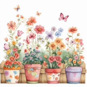 10 Cute Whimsical Flower Clipart JPEG, Row of Flower Pots Clipart, High ...