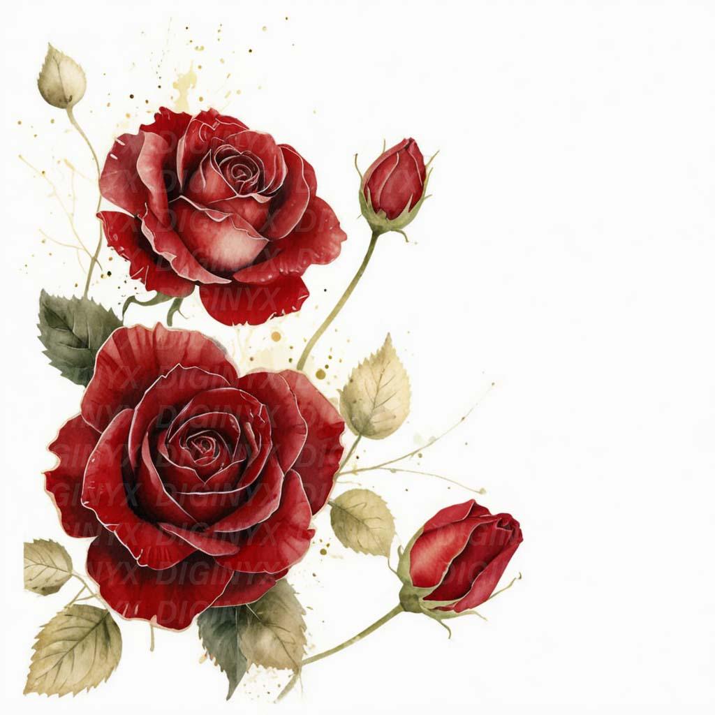 7 Red Gold Rose Clipart JPEG, Red Rose Stem, Printable Watercolor ...