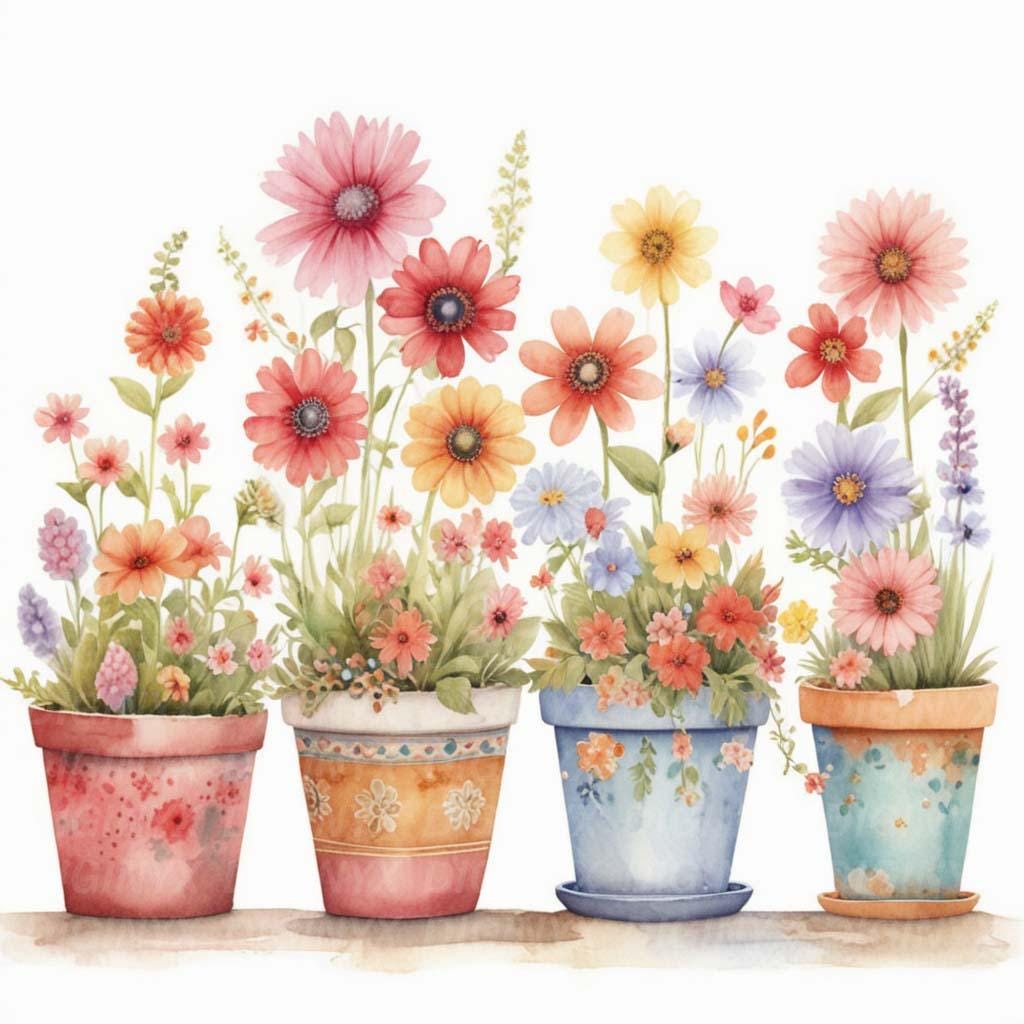 10 Cute Whimsical Flower Clipart JPEG, Row of Flower Pots Clipart, High ...
