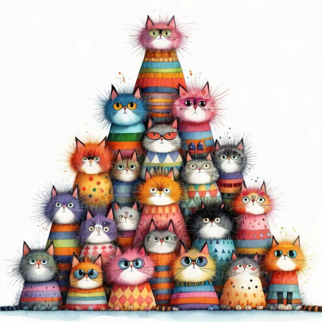 10 Quirky Cat Pyramid Clipart, Fantasy, Whimsical, Printable Watercolor ...