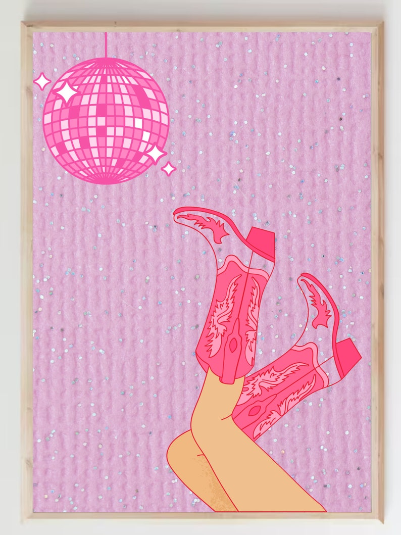 Dancing Cowgirl Pink Background Pink Cowgirl Boots Sparkles Dorm Poster ...