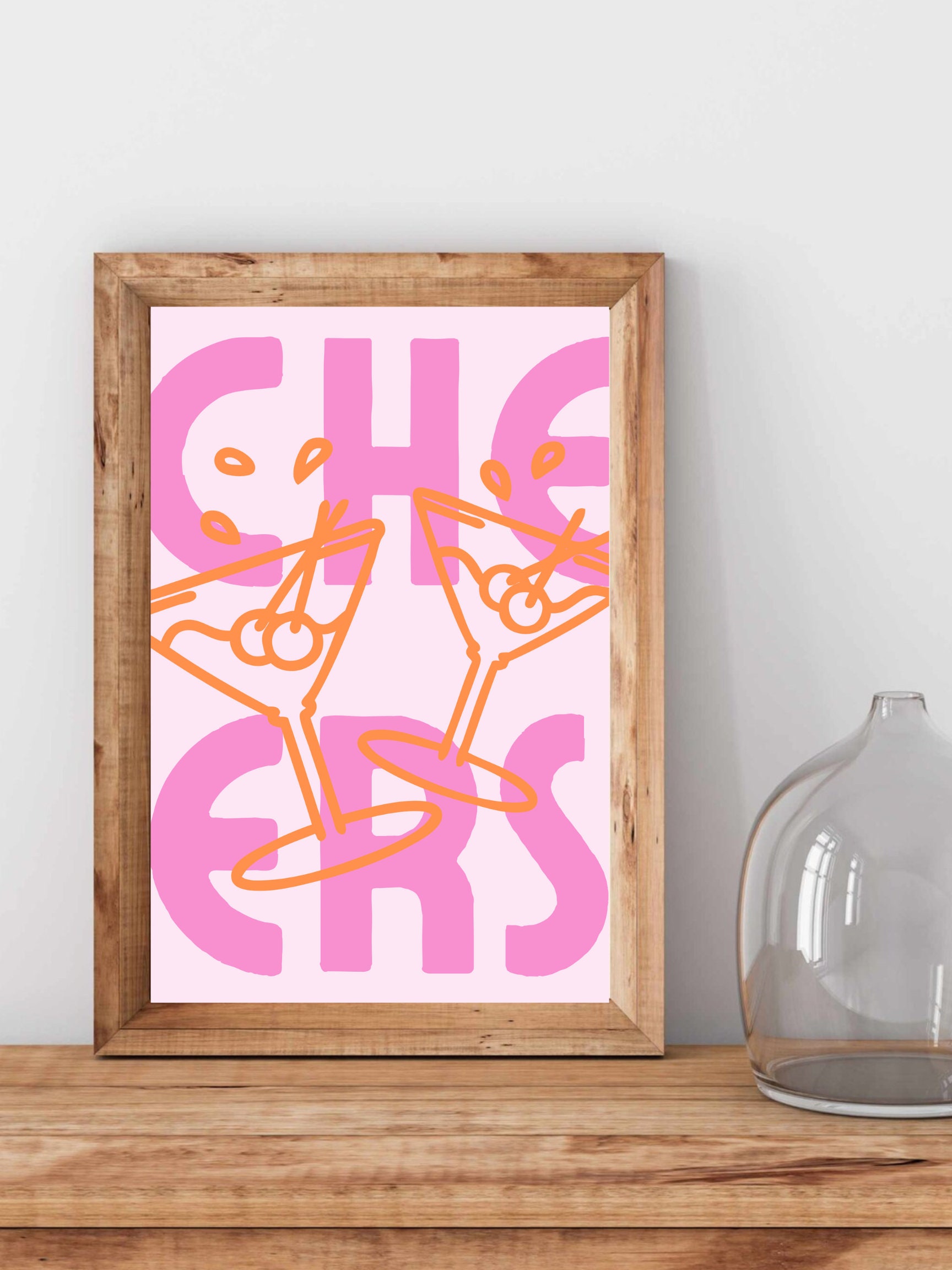 Cheers Pink Vibes Martini Wall Art Bar Cart Wall Art Decor Aesthetic Wall Art Pink Art Girly ...
