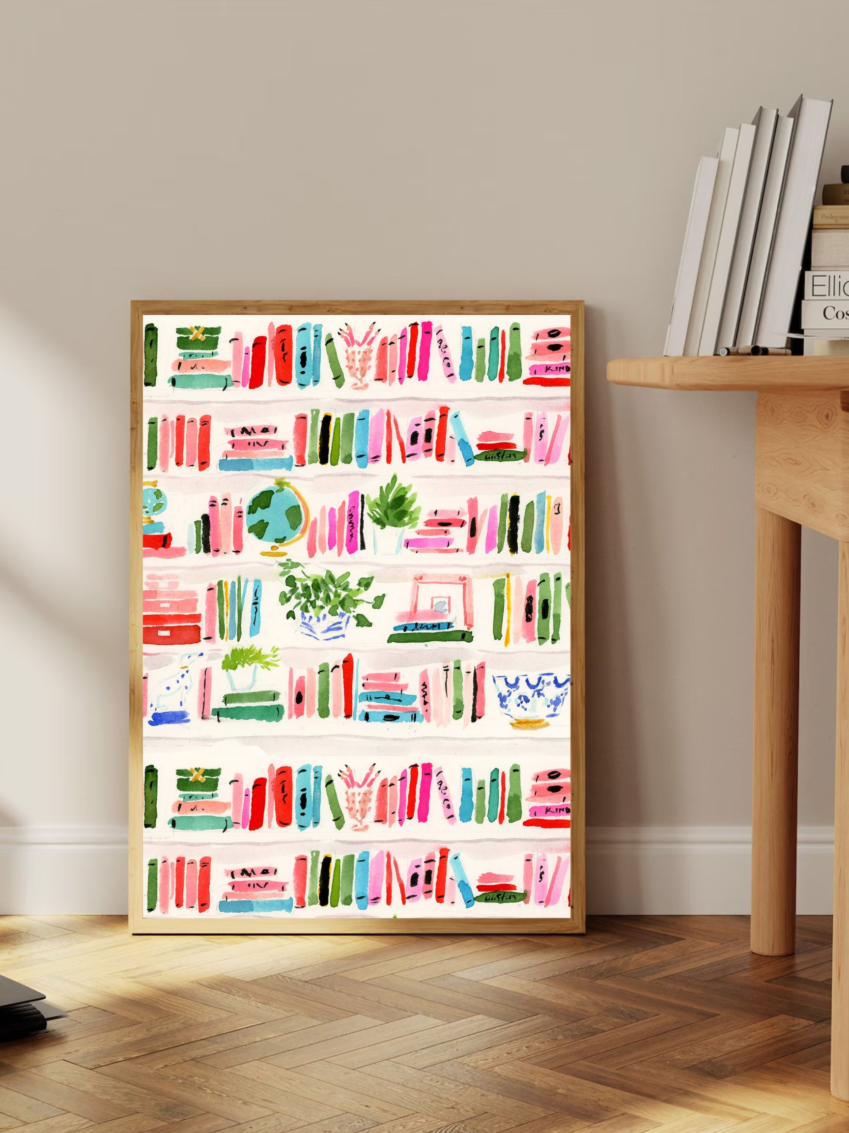 My Bookshelf Pink Colored Digital Art Books and Plants Girly Art Trendy ...