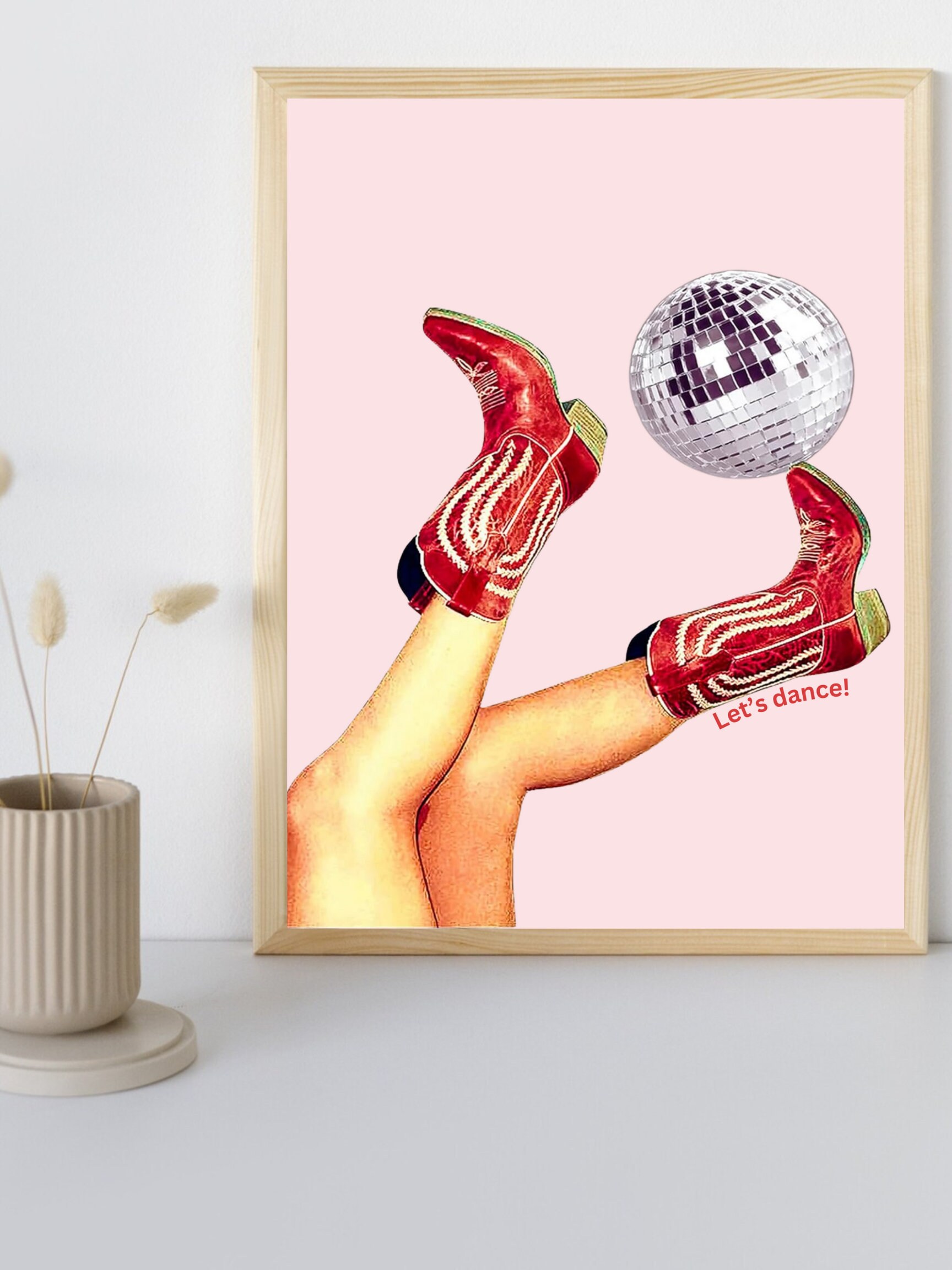 Pink Background W Cowgirl Boots and Disco Ball; Trendy Wall Art ...