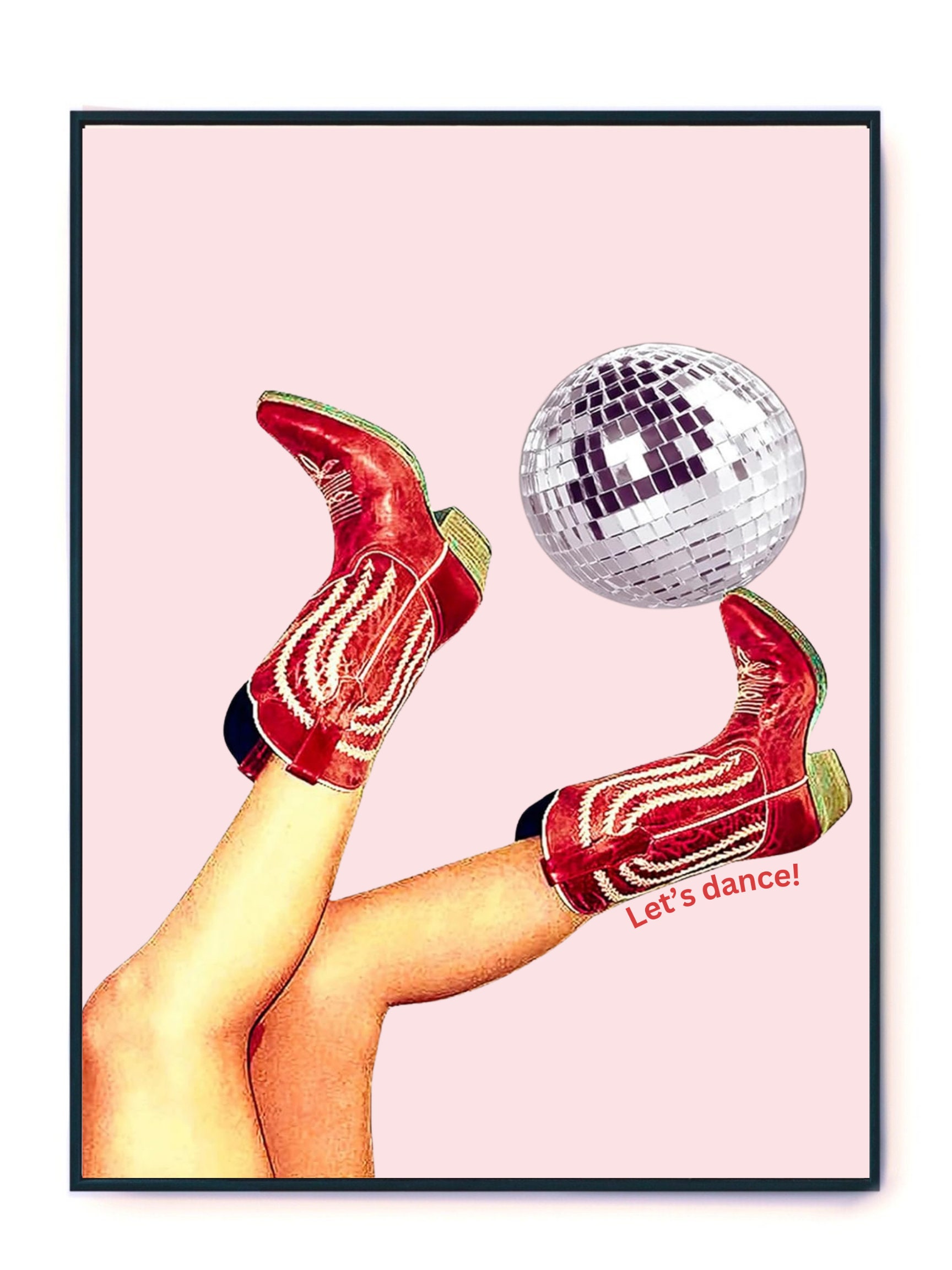 Pink Background W Cowgirl Boots and Disco Ball; Trendy Wall Art ...