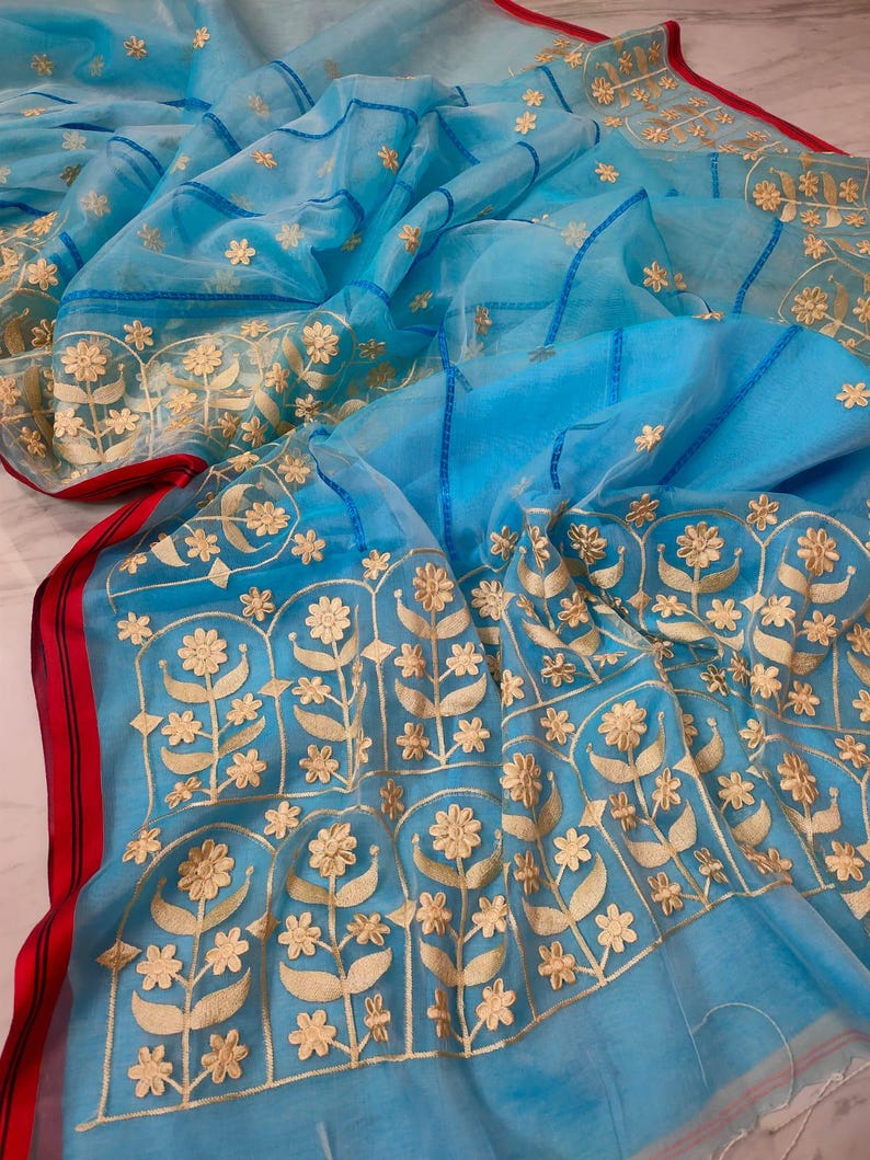 Handloom Maslin Embroidery Work Saree - Etsy