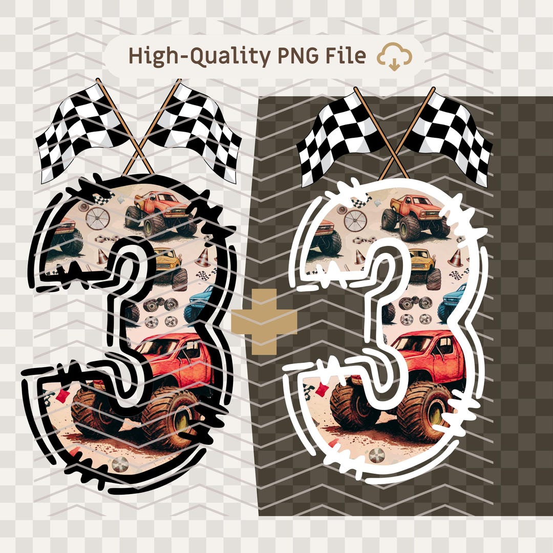PNG Number 3 Monster Truck Themed PNG Racing Birthday Numbers Checkered ...