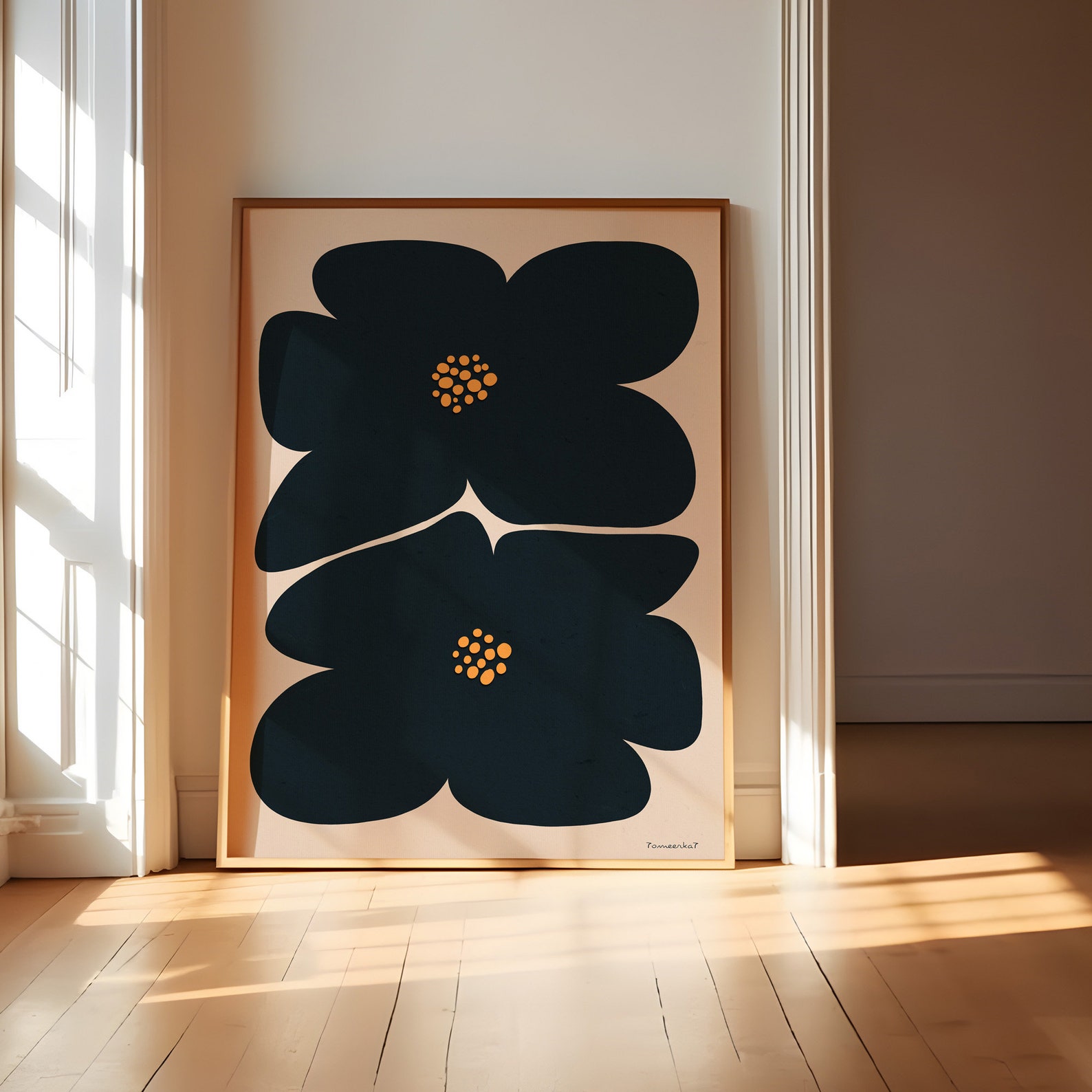 Abstract Black Botanical Wall Art - Black Flowers Print, Beige and ...