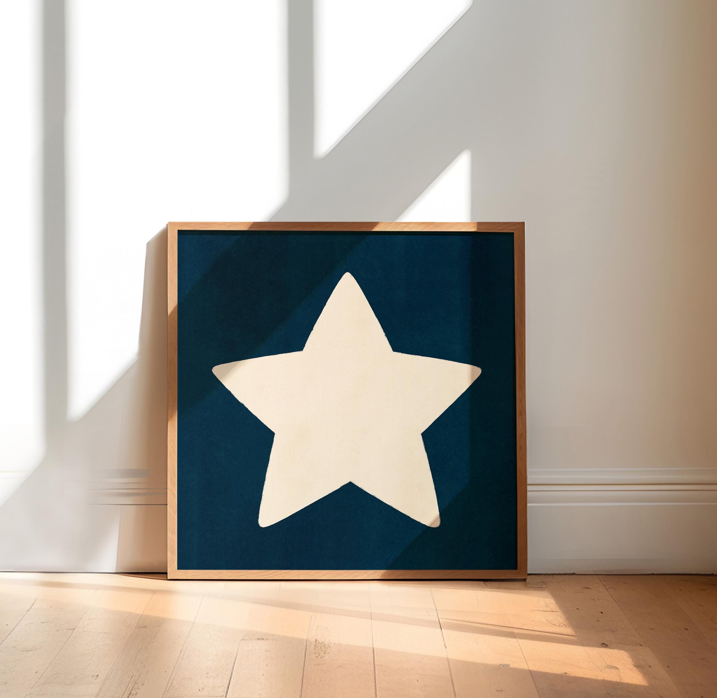 Star Wall Art Print Retro Hand Drawn Wall Art, Navy Blue Star Poster ...