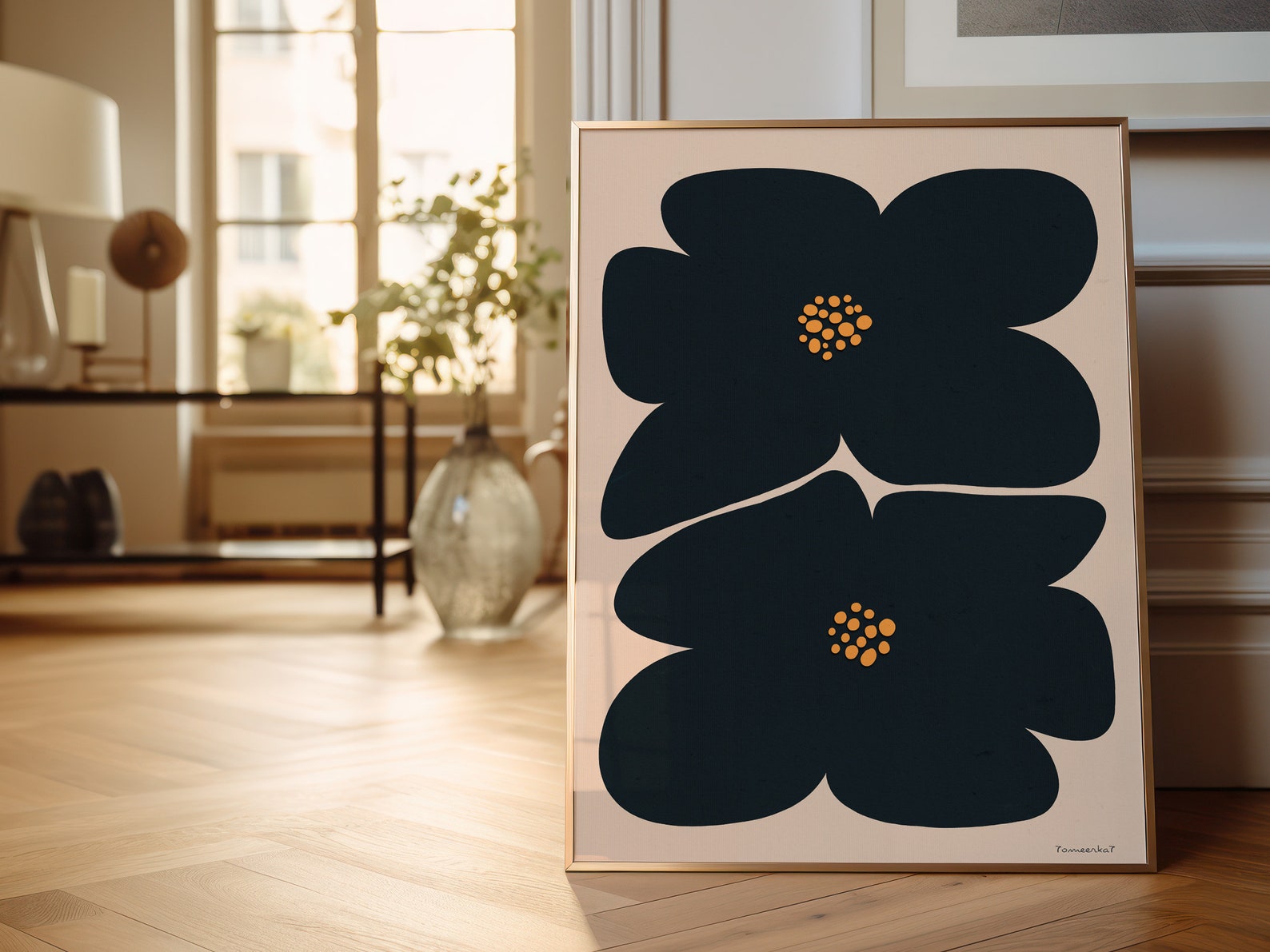 Abstract Black Botanical Wall Art - Black Flowers Print, Beige and ...