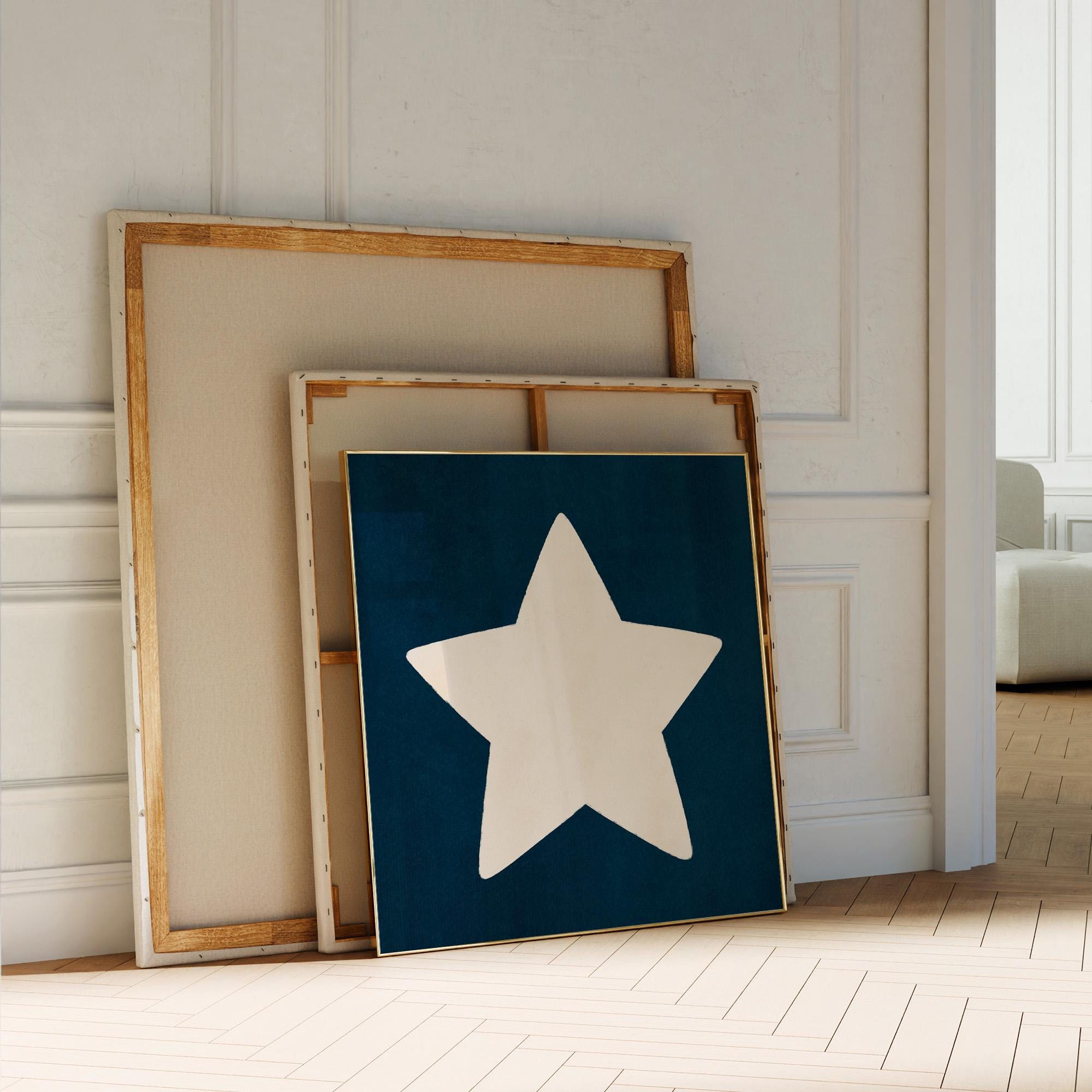 Star Wall Art Print Retro Hand Drawn Wall Art, Navy Blue Star Poster ...