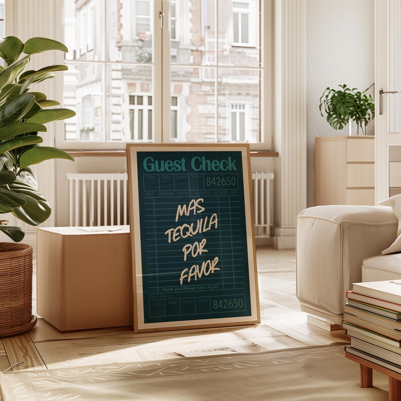 Mas Tequila Por Favor Print Guest Check Wall Art, Bar Cart Poster, Navy ...