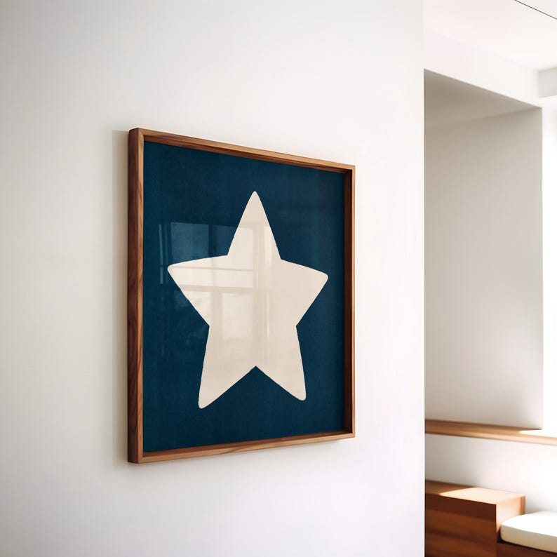 Star Wall Art Print Retro Hand Drawn Wall Art, Navy Blue Star Poster ...
