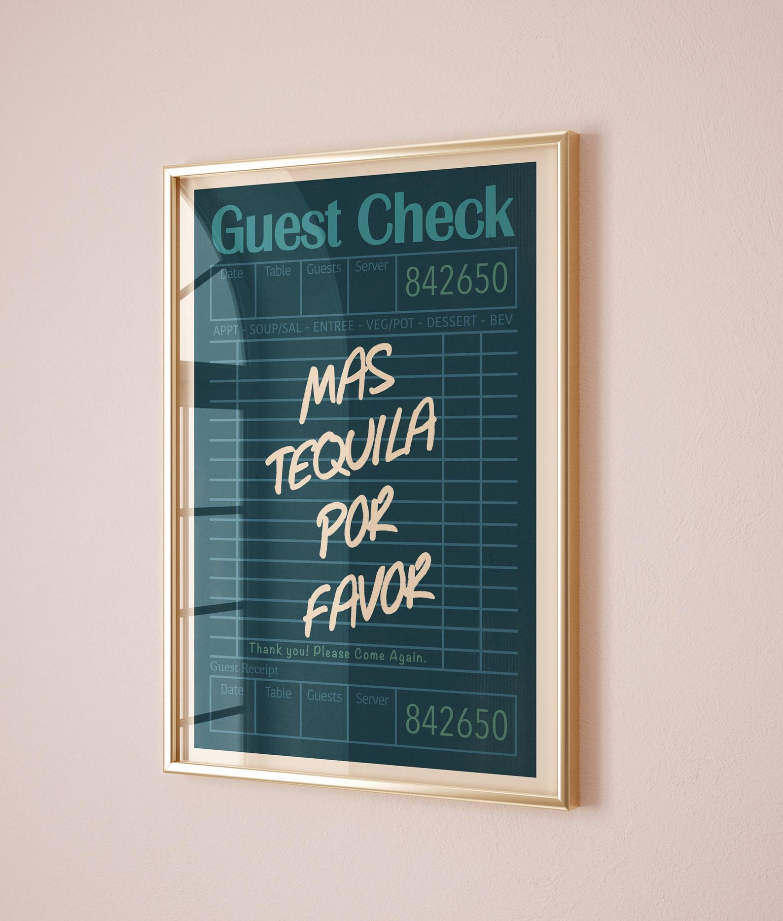 Mas Tequila Por Favor Print Guest Check Wall Art, Bar Cart Poster, Navy ...