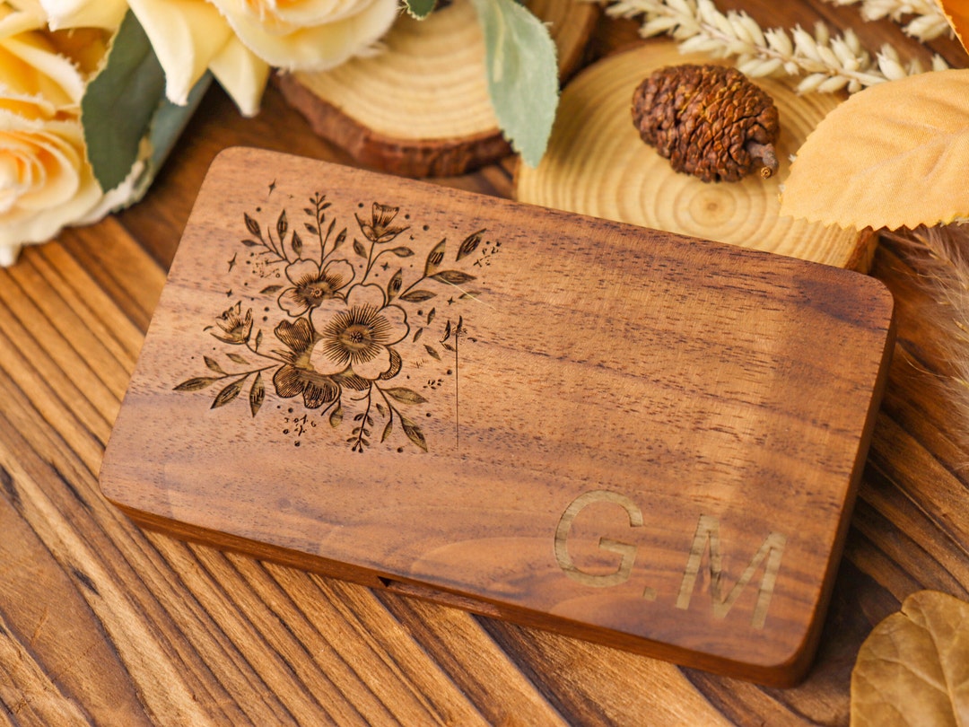 Personalized Walnut Business Card Holder With Carved Flower Design and ...
