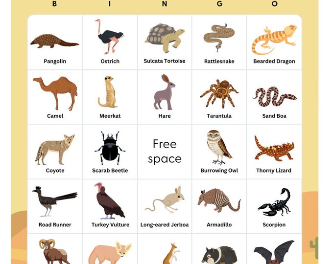 Desert Animal Bingo Cards Printable PDF - Etsy