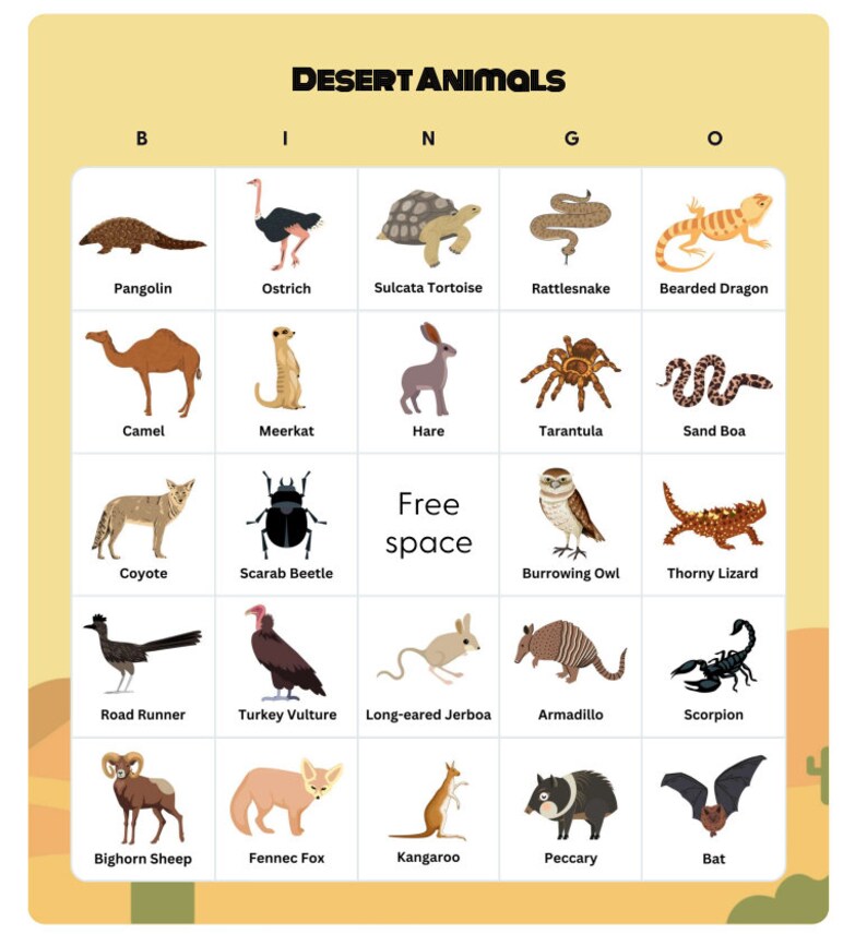 Desert Animal Bingo Cards Printable PDF - Etsy