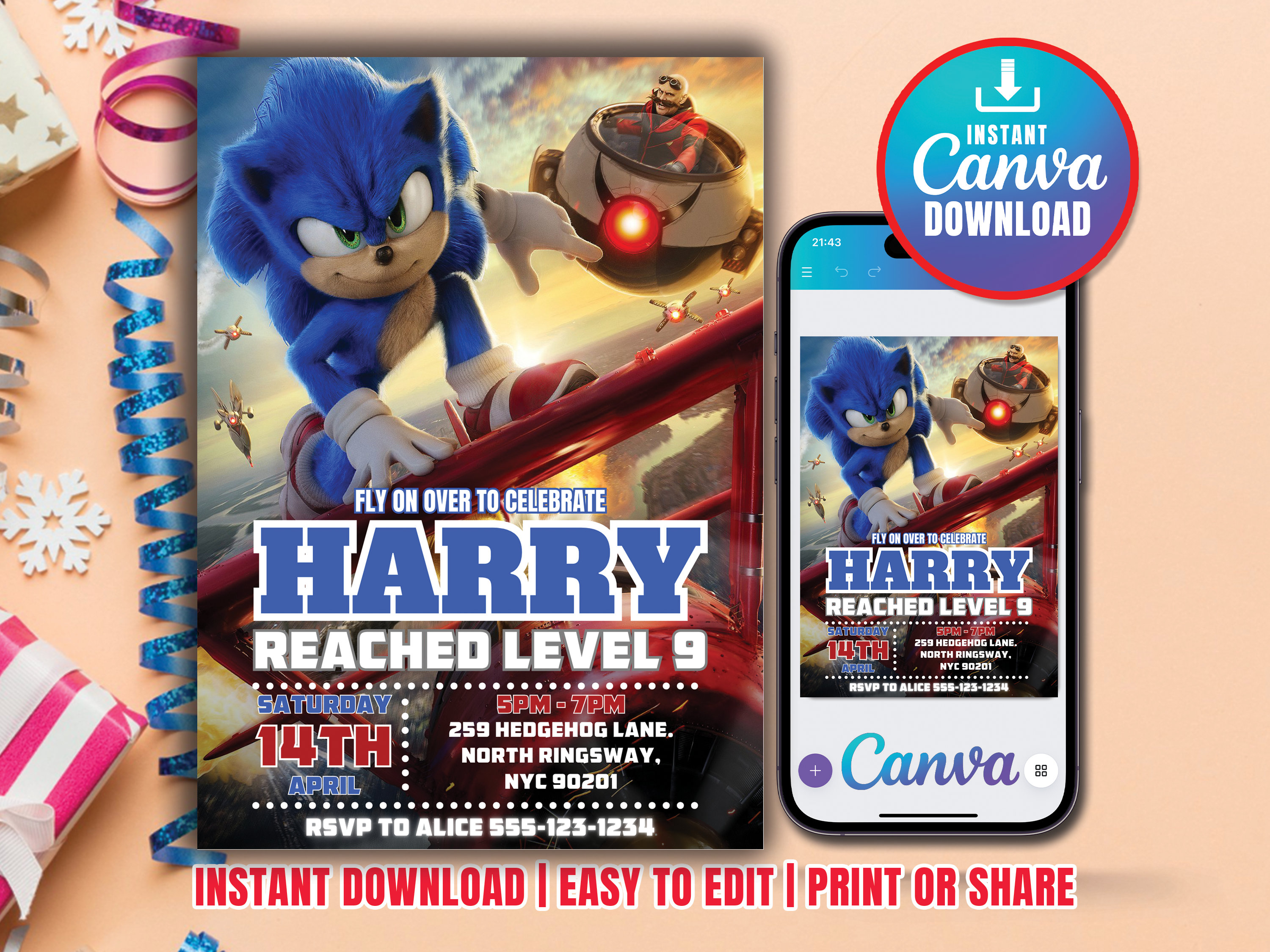 Sonic Birthday Invitation, Super Hedgehog Boys Party Invite, Super ...