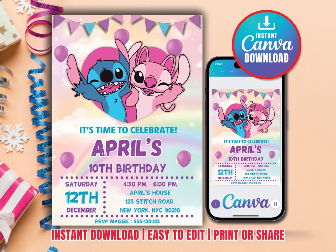 Stitch Birthday Invitation Template Editable Stitch Girls Birthday ...
