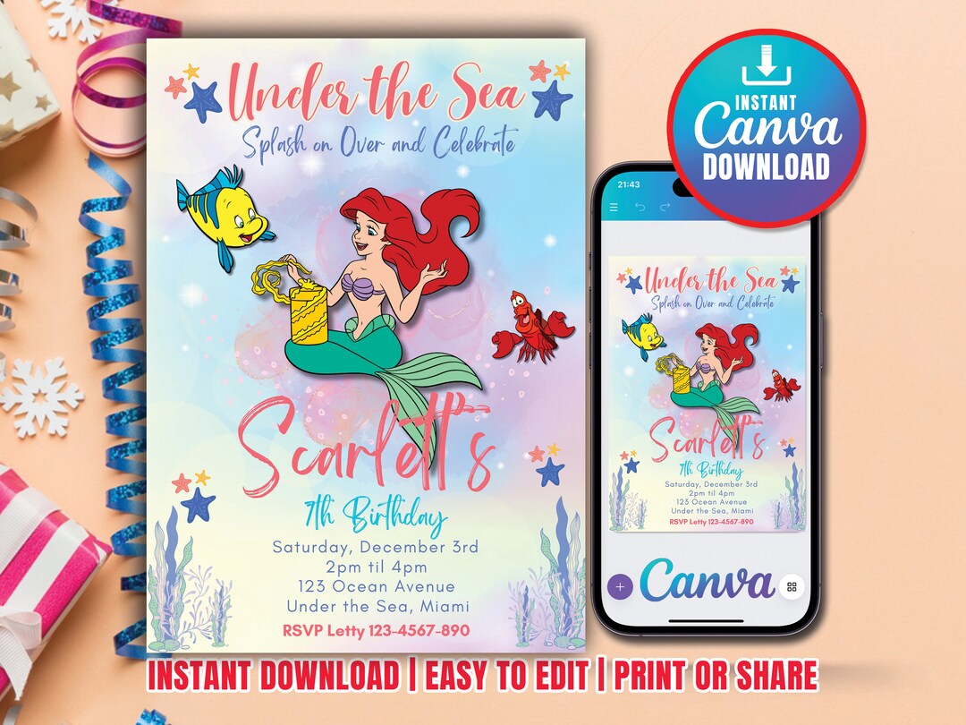 Little Mermaid Birthday Invitation, Ariel Birthday Invite, Editable ...
