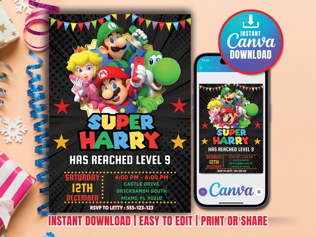 Super Mario Birthday Invitation, Birthday Invitation, Super Mario ...