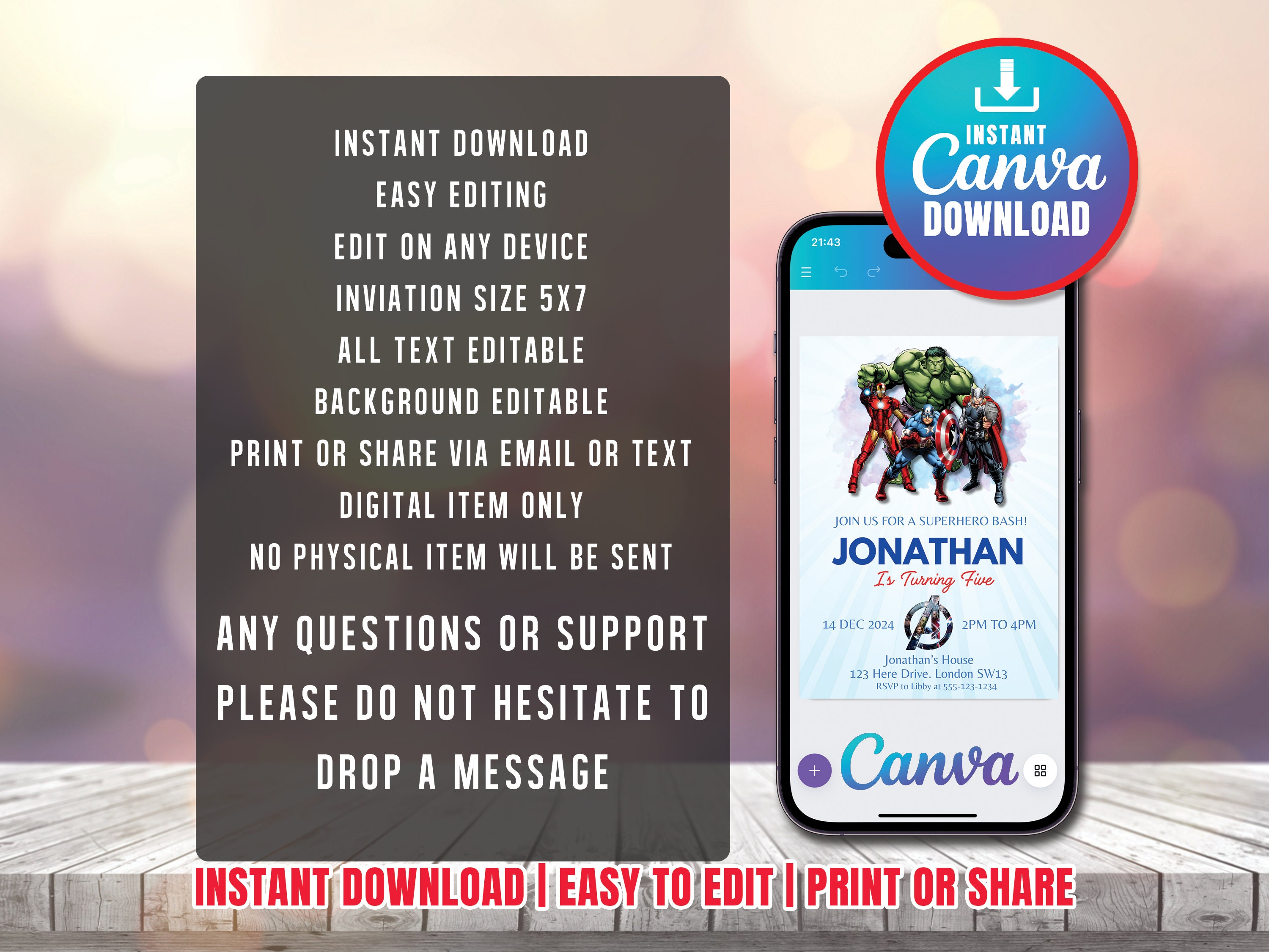SUPERHERO Party Invitation INSTANT DOWNLOAD Superhero Invitations ...