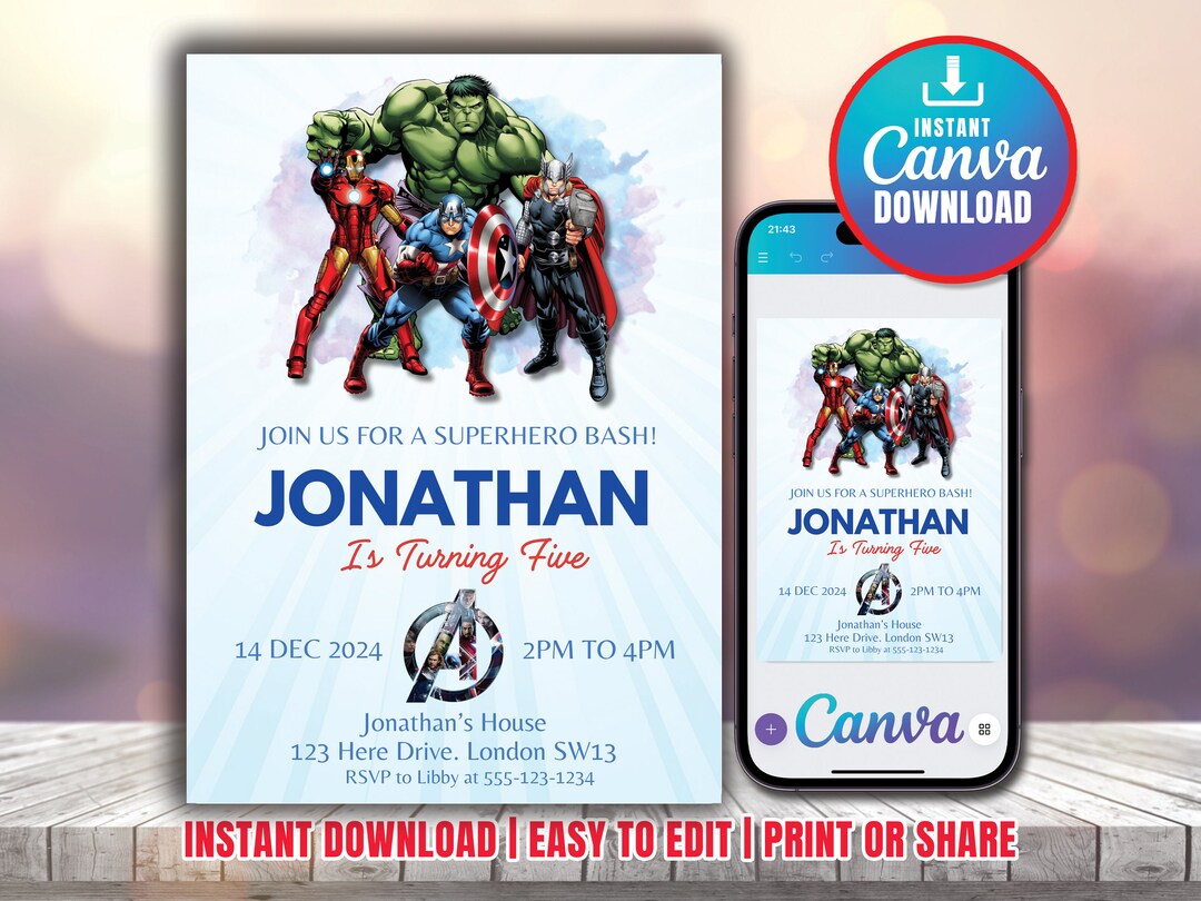 SUPERHERO Party Invitation INSTANT DOWNLOAD Superhero Invitations ...