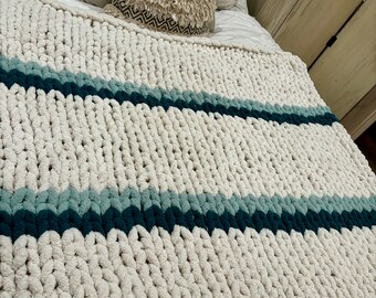 Stripe Handmade Chunky Knit Chenille Blanket, Farmhouse Throw Blanket ...