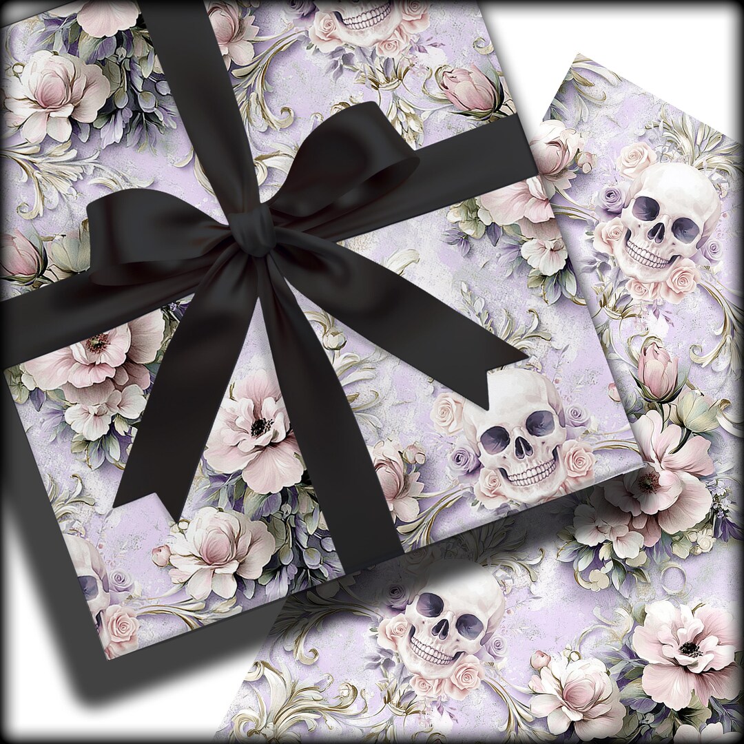 Floral Skull Wrapping Paper, Victorian Design, Gothic Gift Wrap, Pastel ...