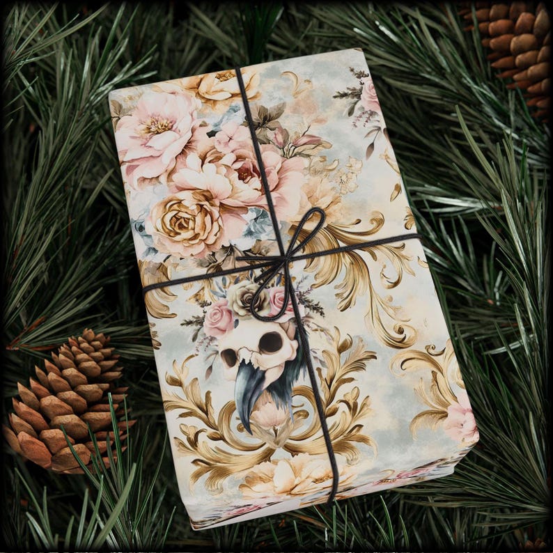 Bird Skull Wrapping Paper, Bohemian Design, Gothic Gift Wrap, Pastel ...