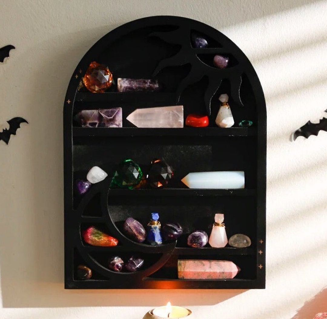 Black Wooden Shelf Crescent Moon Sun Crystal Stone Holder Wall Shelf - Etsy