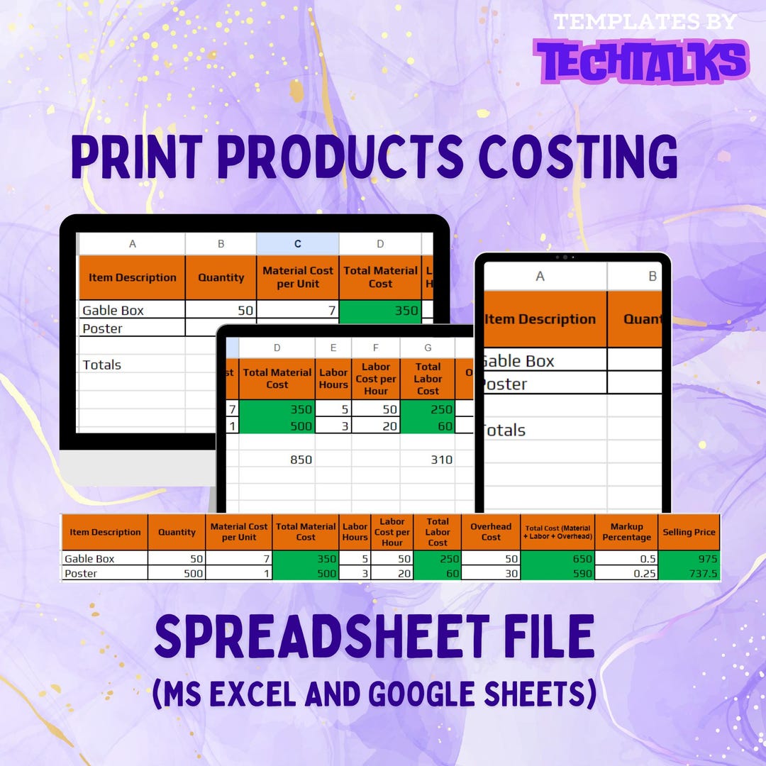 PRINT and DIGITAL PRODUCT Costing Template - Spreadsheet - Etsy