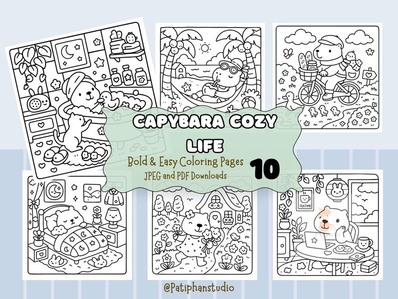 Capybara Cozy Life Coloring Pages | Cozy Capybara Coloring Pages, Bold ...