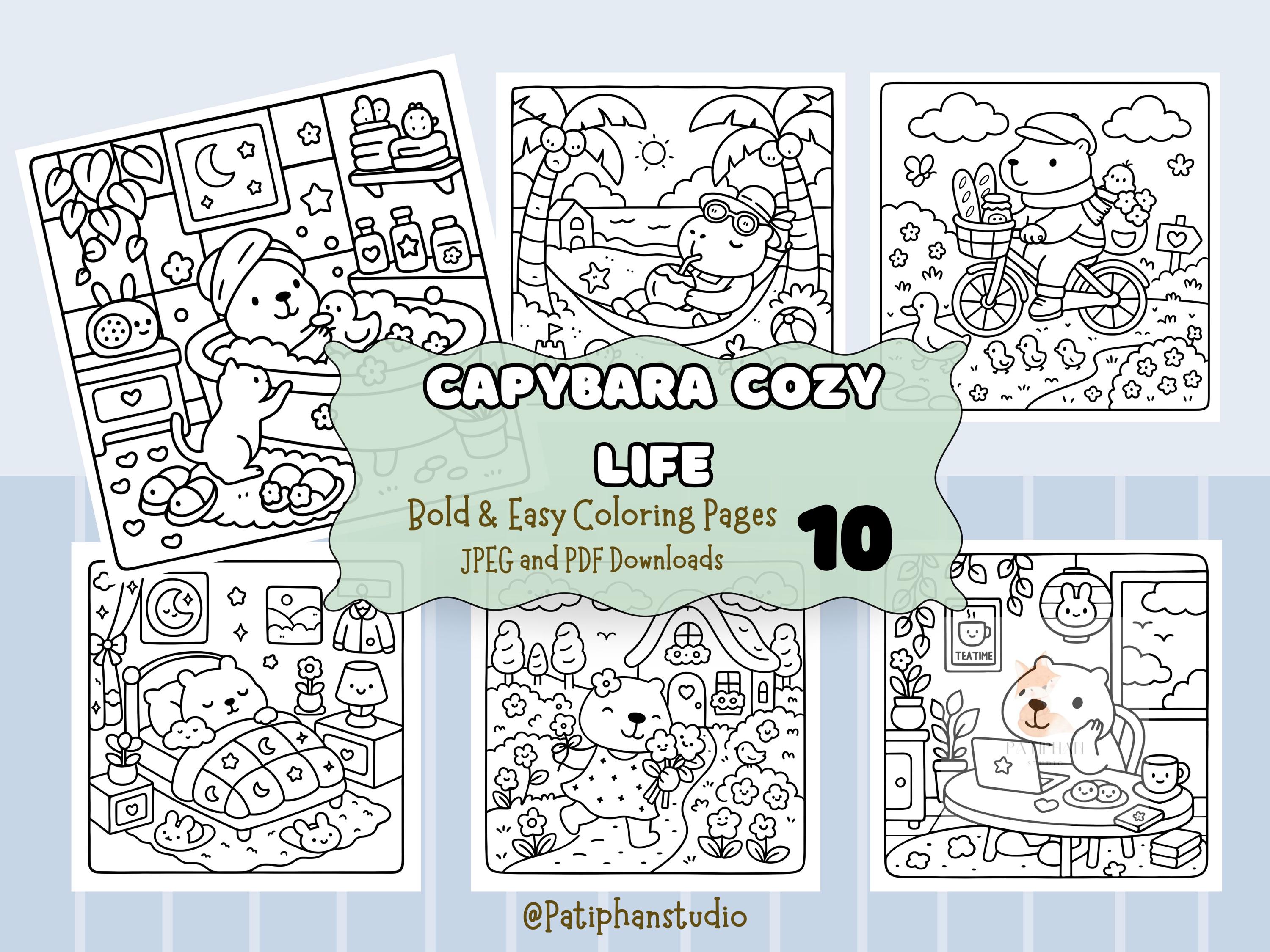 Capybara Cozy Life Coloring Pages | Cozy Capybara Coloring Pages, Bold ...