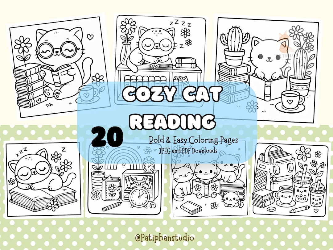 Cozy Cat Reading Coloring Pages | Book Lover Coloring Pages, Bold and ...