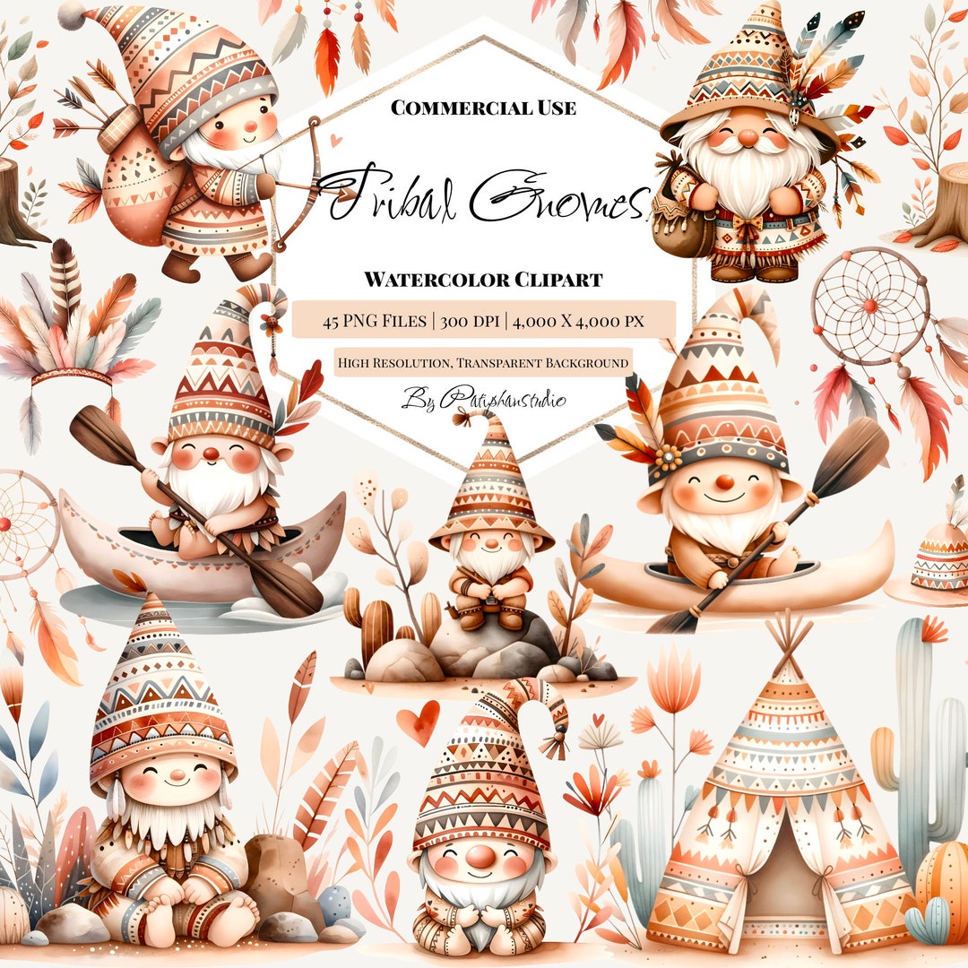 Watercolor Tribal Gnomes Clipart, Tribal Gnomes Clipart, Boho Gnome ...