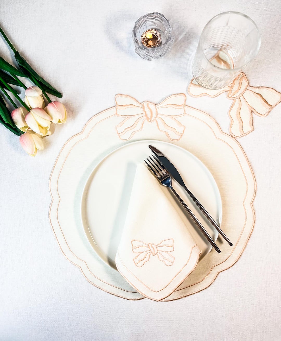 Embroidered Bow Placemat Set – Salmon Pink Coquette Table Decor ...