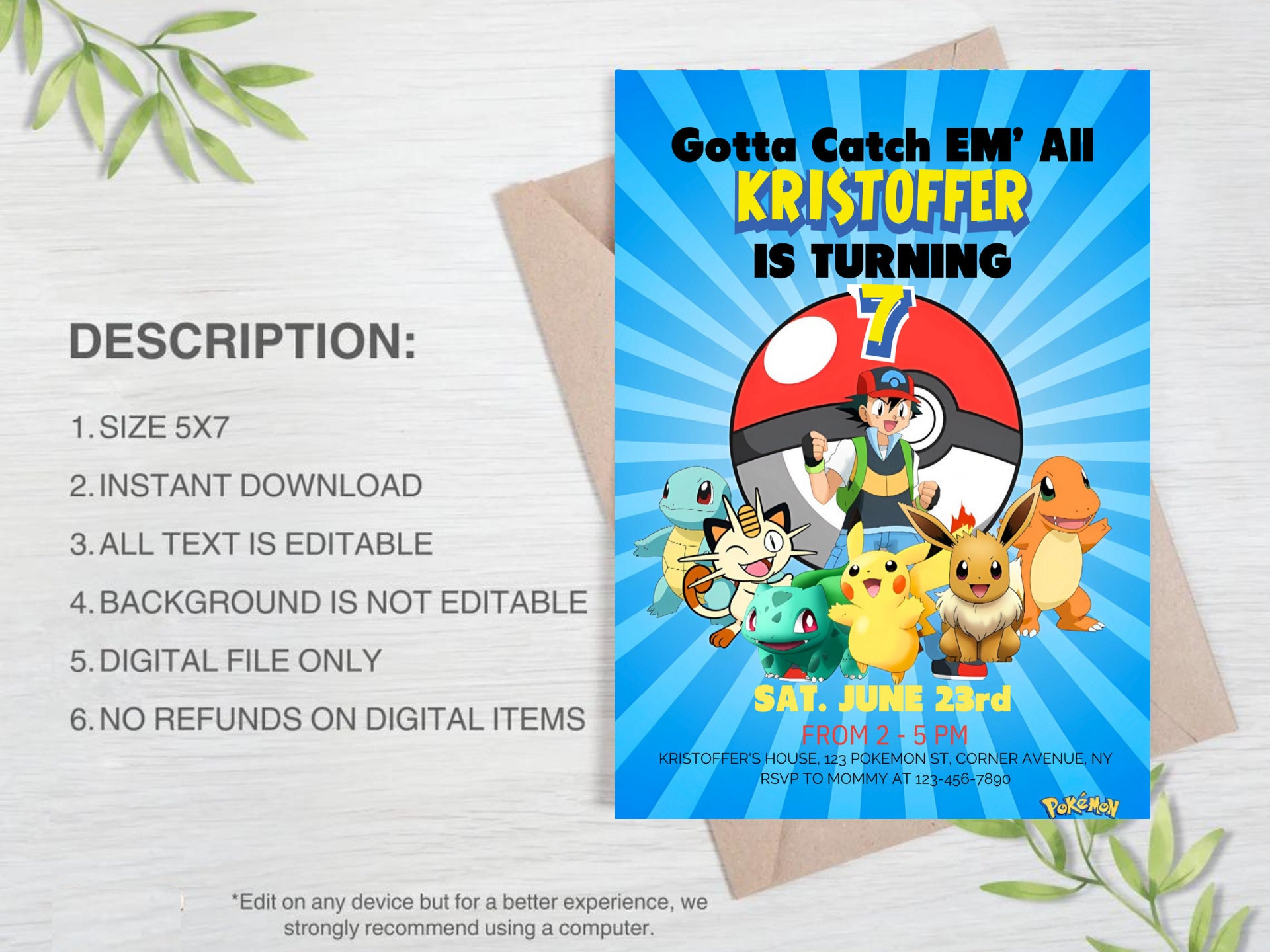 Pokemon Birthday Invitation Editable Pokemon Birthday Invitation Kids ...