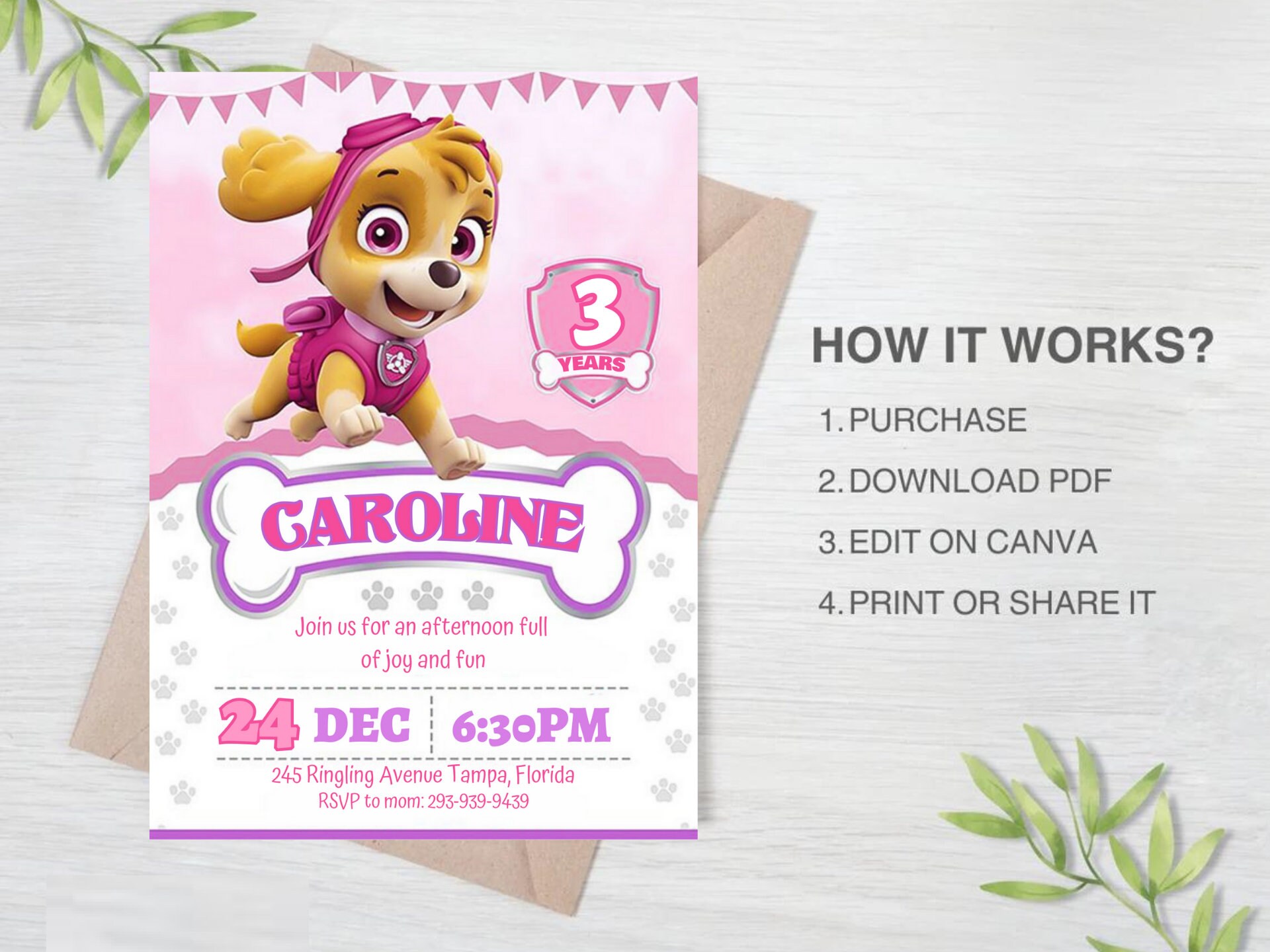 Editable Skye Paw Patrol Birthday Invitation, Skye Paw Patrol Invite ...