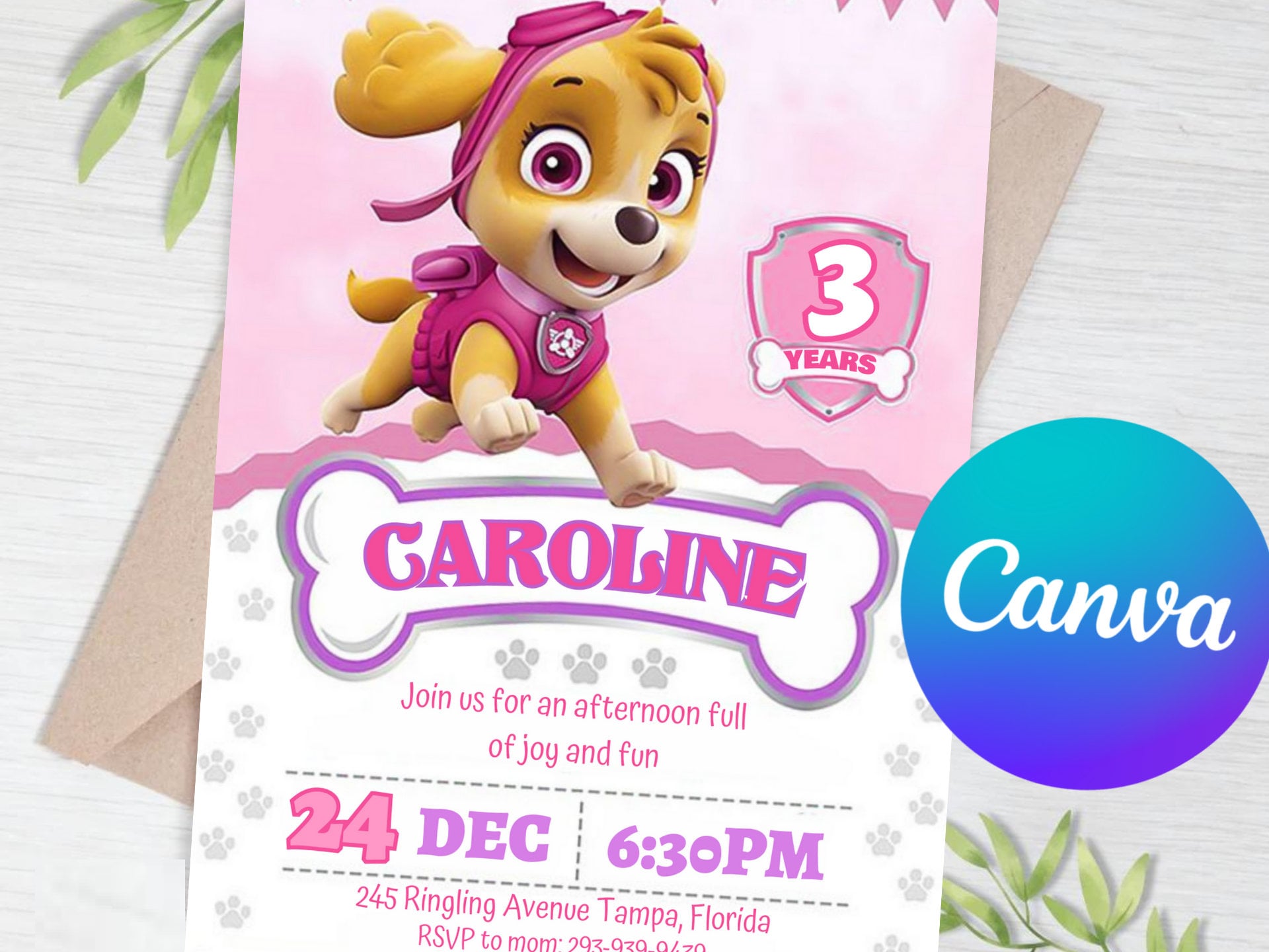 Editable Skye Paw Patrol Birthday Invitation, Skye Paw Patrol Invite ...