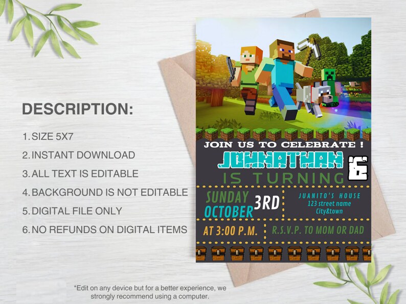 Editable Minecraft Birthday Invitation, Minecrafter Birthday ...