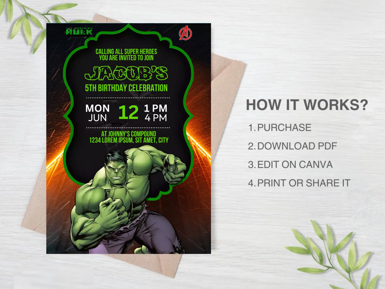 Hulk Editable Invitation Superhero Birthday Invite the Hulk Birthday ...