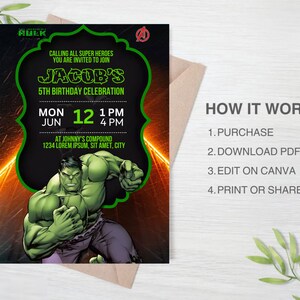 Hulk Editable Invitation Superhero Birthday Invite the Hulk Birthday ...