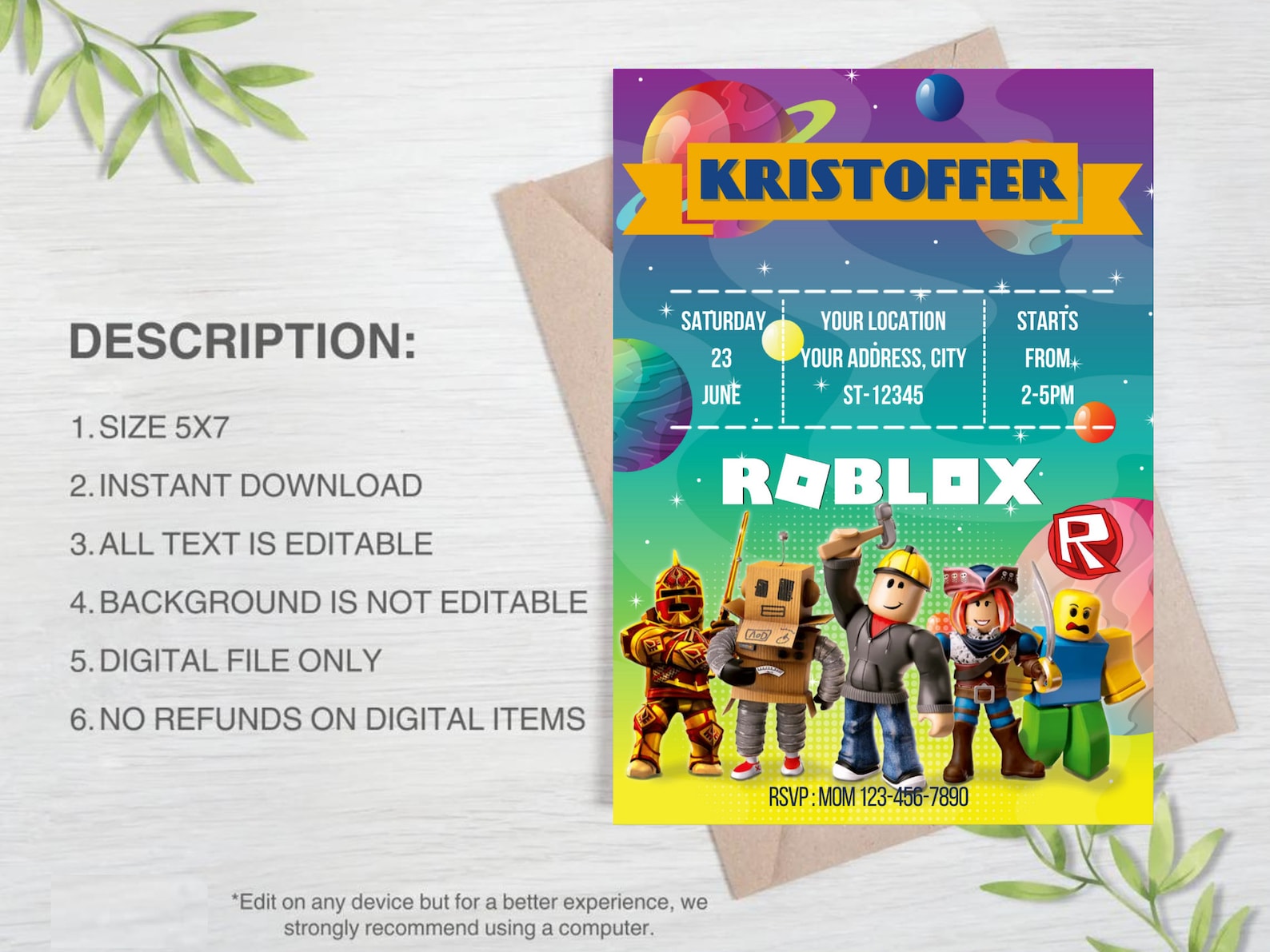Roblox Birthday Invitation Template, Wednesday Digital Invitation ...